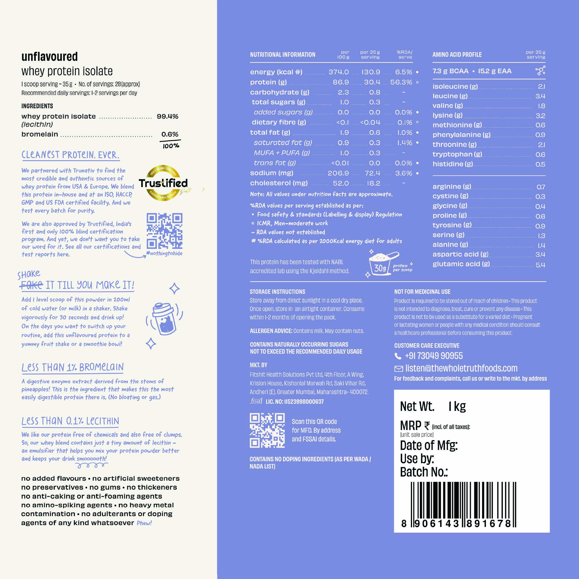 Unflavoured 30 g Pure Whey Protein Isolate - The Whole Truth Foods